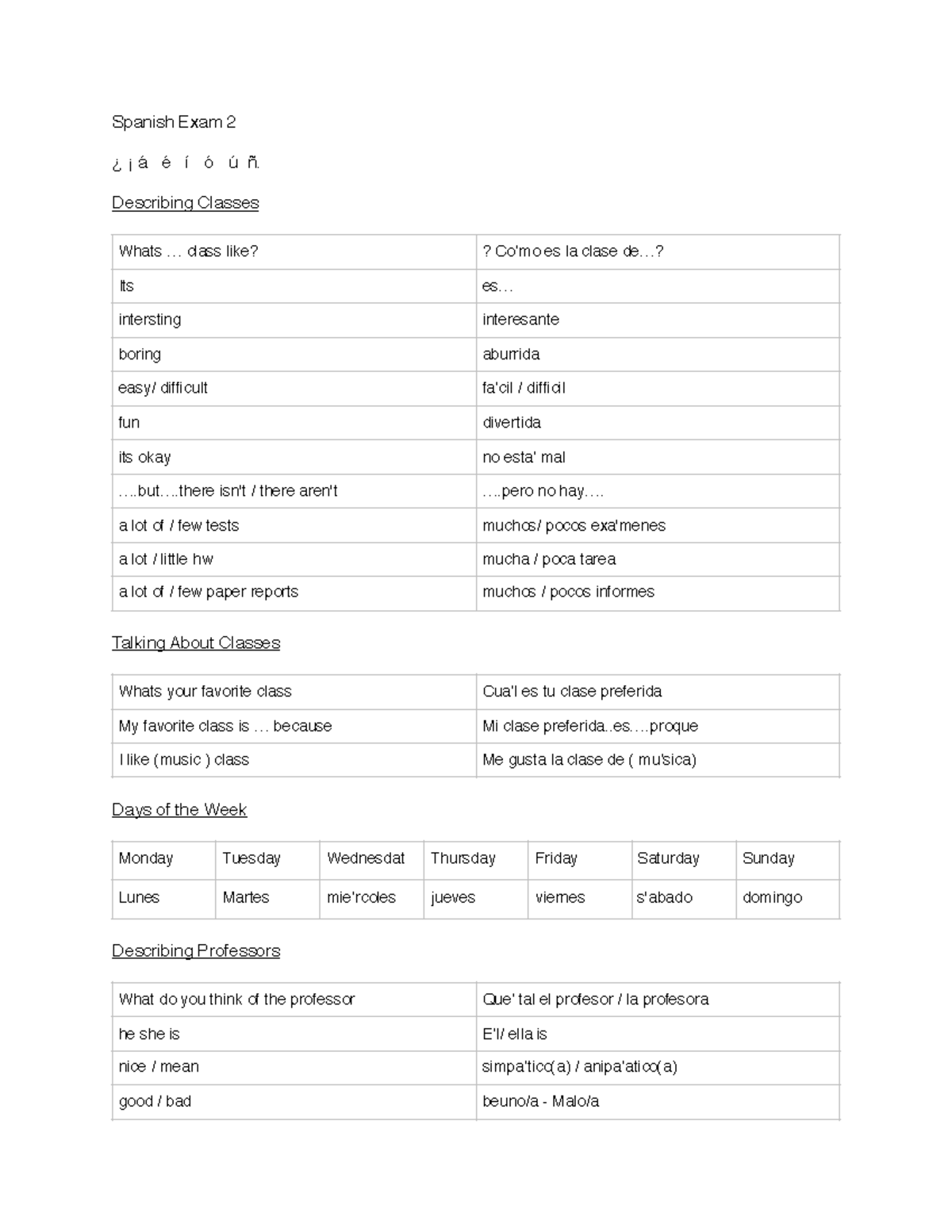 Spanish elem - Spanish Exam 2 ¿ ¡ á é í ó ú ñ. Describing Classes ...