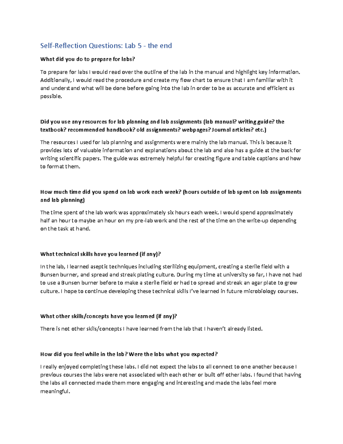 Self-reflection Part 2 & Part 1 - Self-Reflection Questions: Lab 5 - the end What did you do to ...