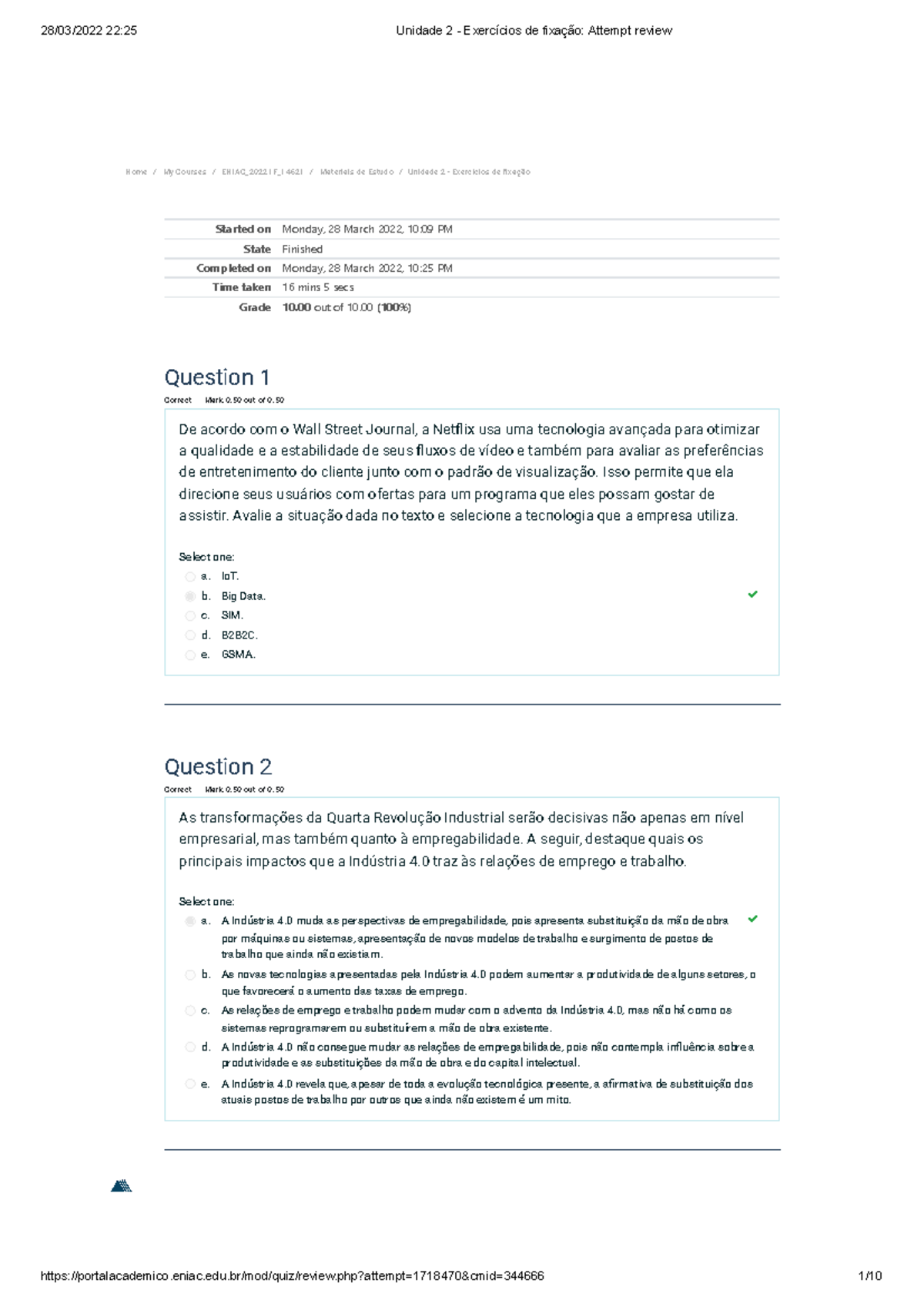 Unidade 2 - Exercícios de fixação Attempt review - Home /My Courses ...