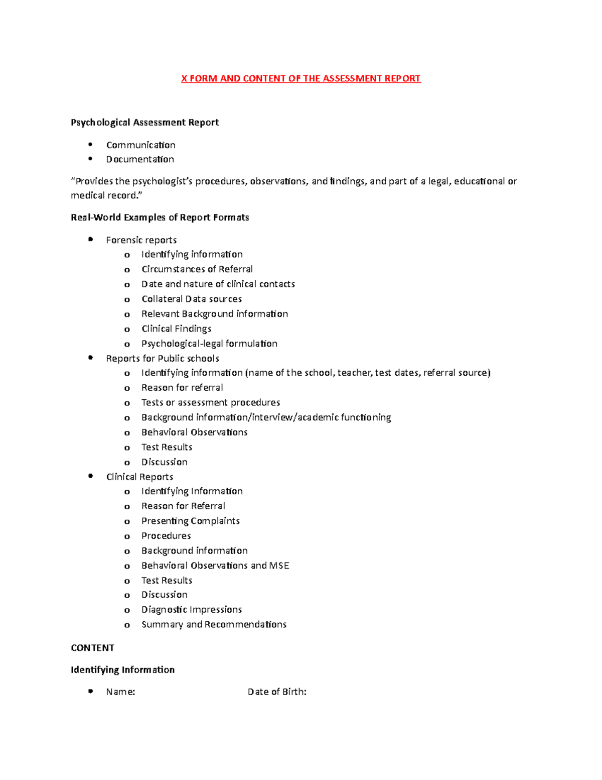 10-12 - Lecture notes for qualifying examination. - X FORM AND CONTENT ...