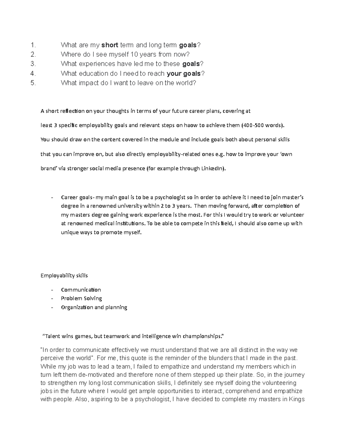 Future goals reflection - 1. What are my short term and long term goals ...