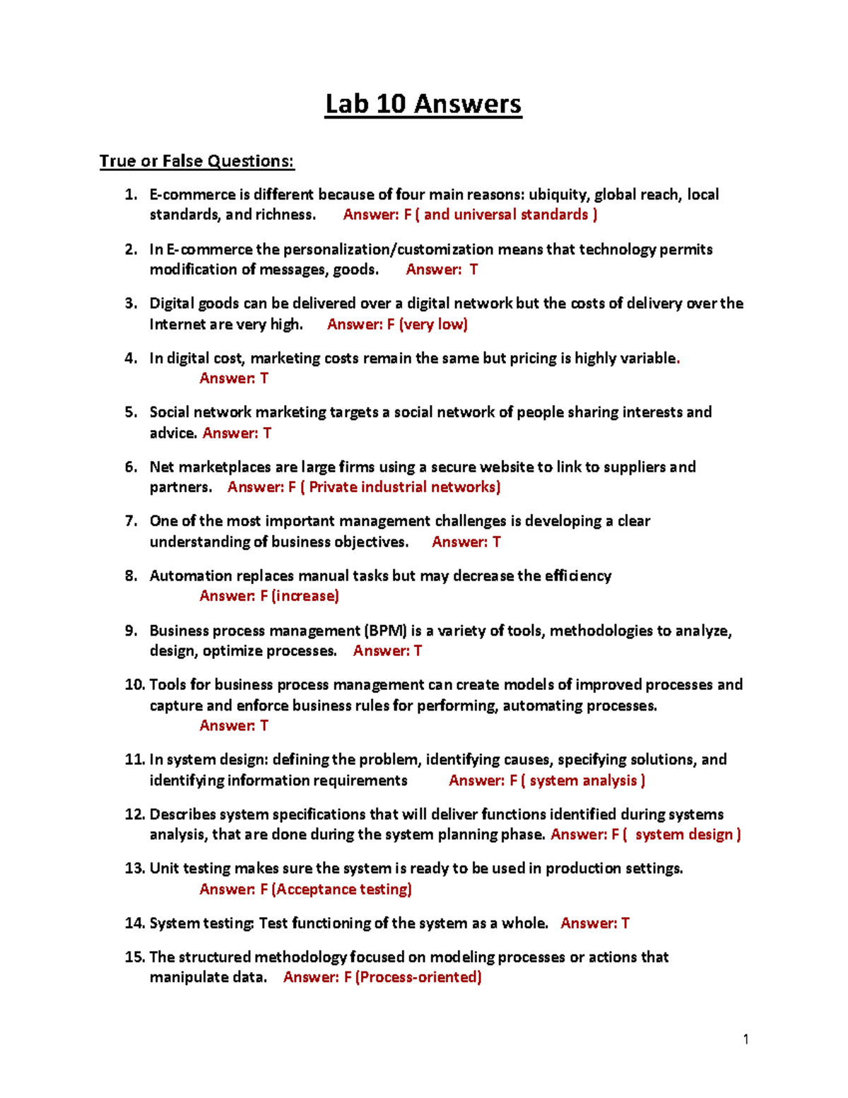 Lab 10 Answers Kahoot - 1 Lab 10 Answers True or False Questions: E-commerce is different ...