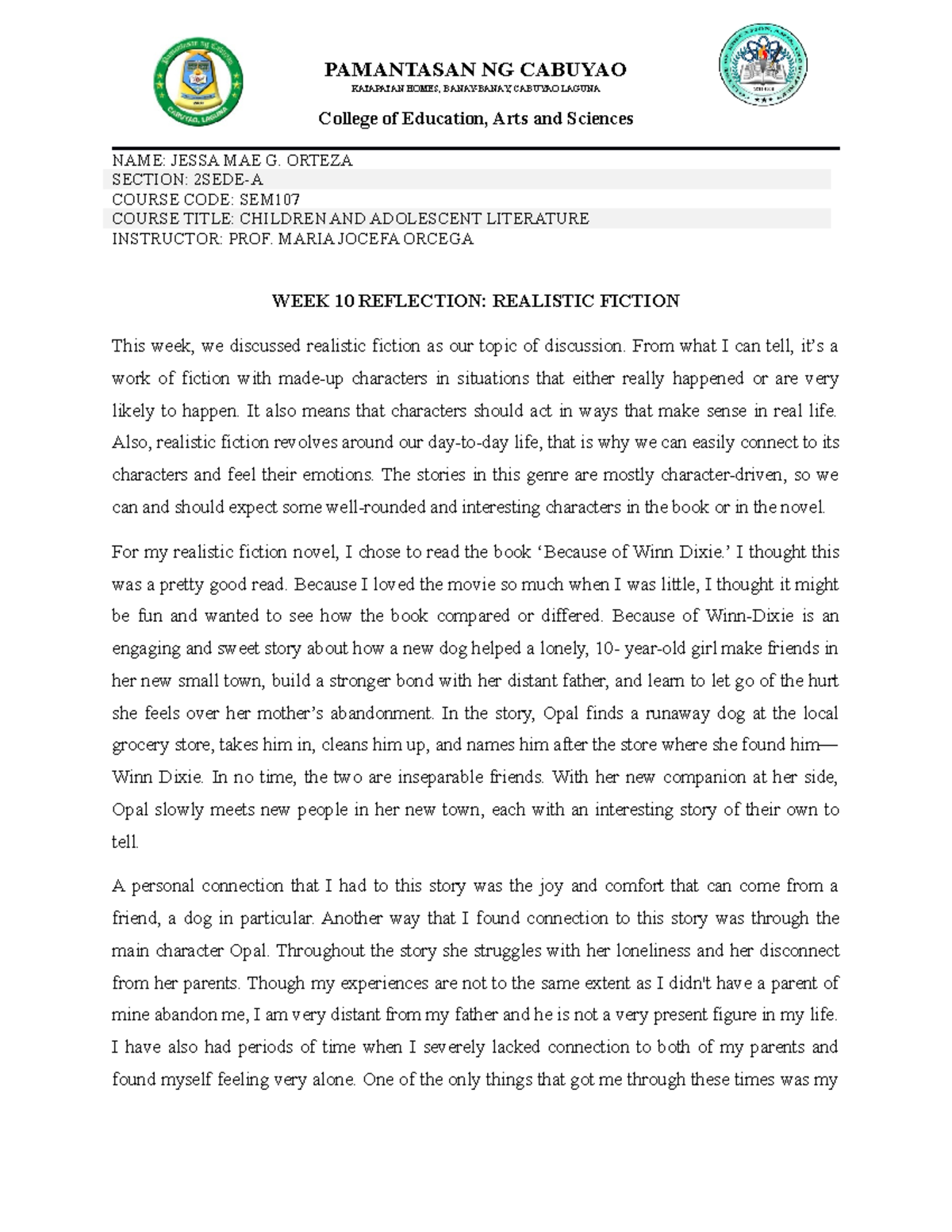 SEM107 WEEK 10 Reflection - PAMANTASAN NG CABUYAO KATAPATAN HOMES, BANAY-BANAY, CABUYAO LAGUNA ...