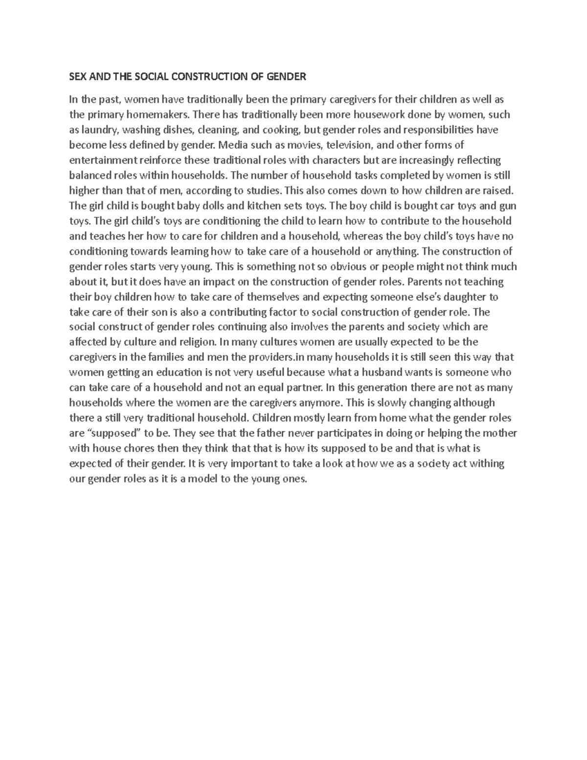 Sst gender roles - SEX AND THE SOCIAL CONSTRUCTION OF GENDER In the ...