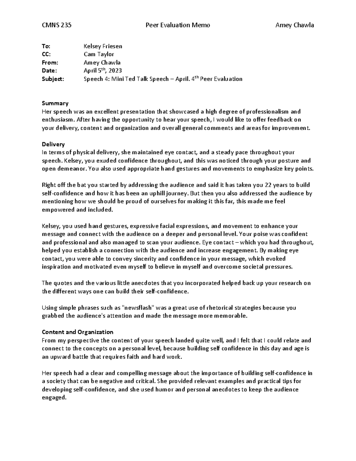 PE of Kelsey's Mini Ted Talk Speech - CMNS 235 Peer Evaluation Memo ...