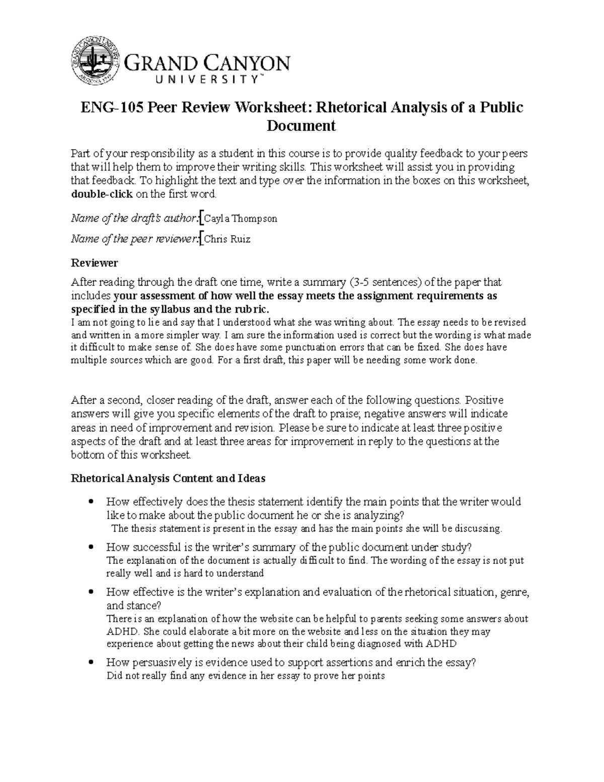 ENG105 Rhetorical Analysis Peer Review Worksheet ONL - ENG-105 Peer ...