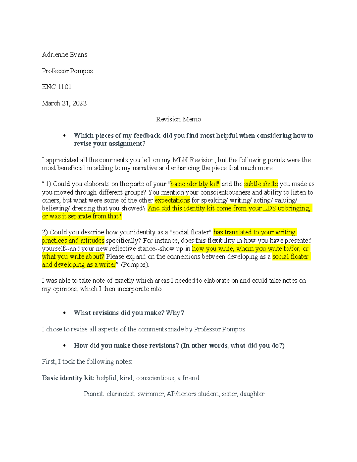 Evans MLN Revision Memo - Adrienne Evans Professor Pompos ENC 1101 ...