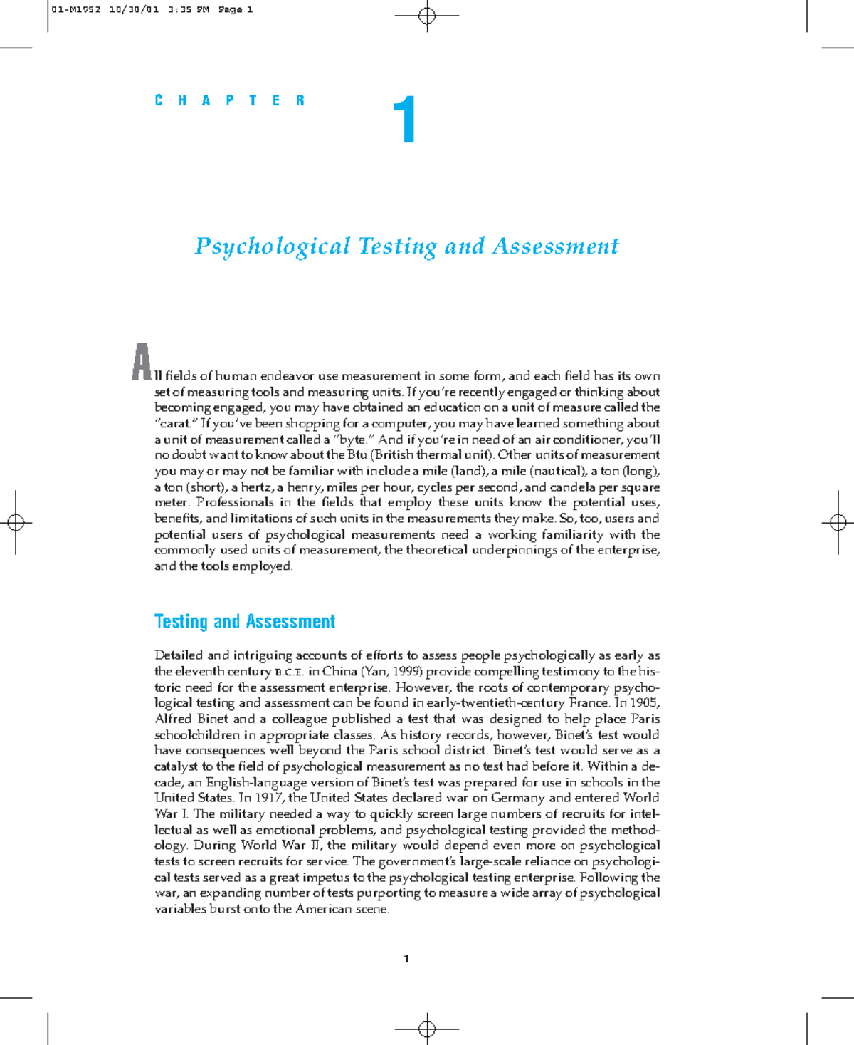 Cohen Psychological Assessment - CHAPTER 1 Psychological Testing and ...
