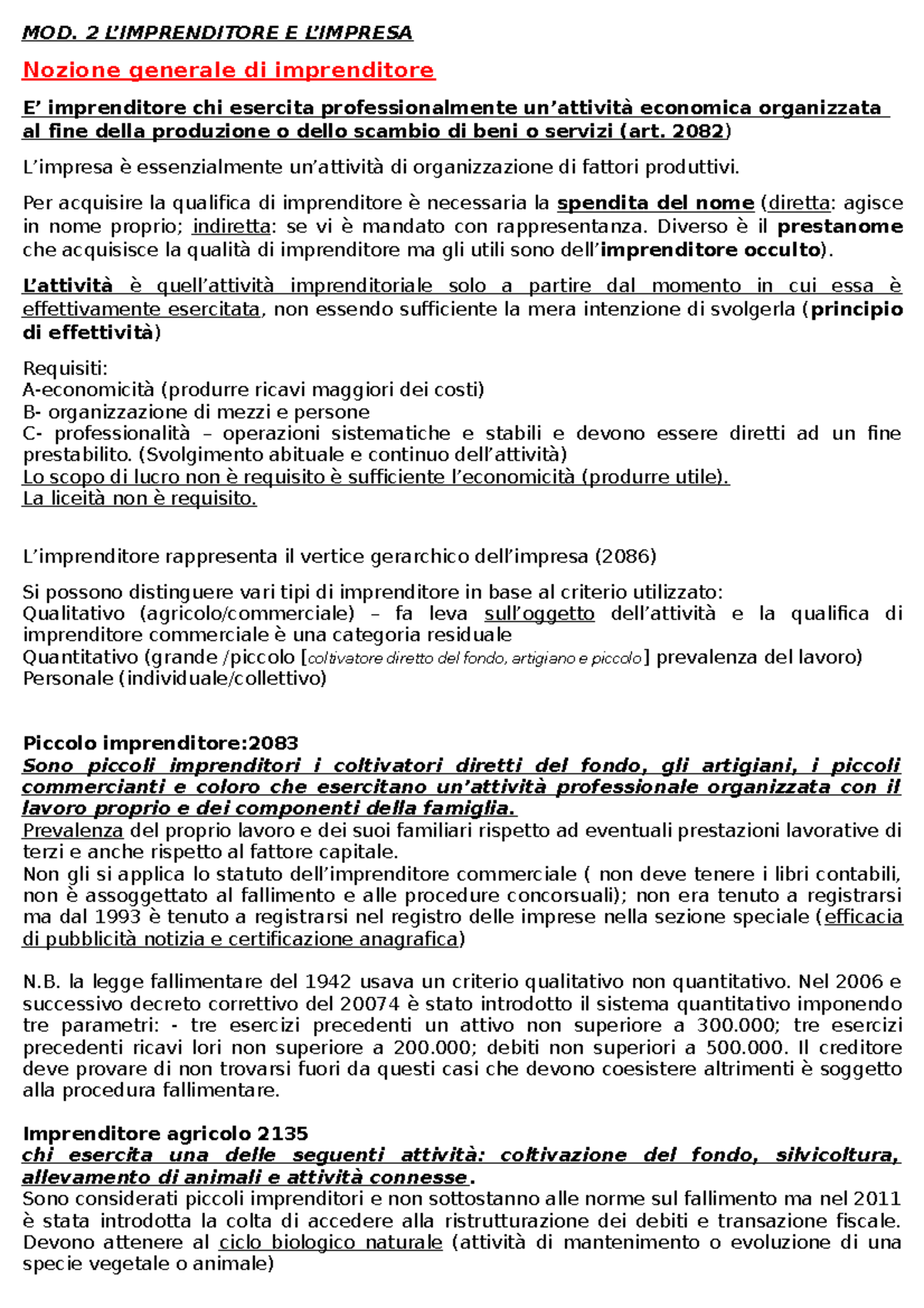 Mod. 2 diritto commerciale unicusano schema riassuntivo - MOD. 2 L’IMPRENDITORE E L’IMPRESA ...