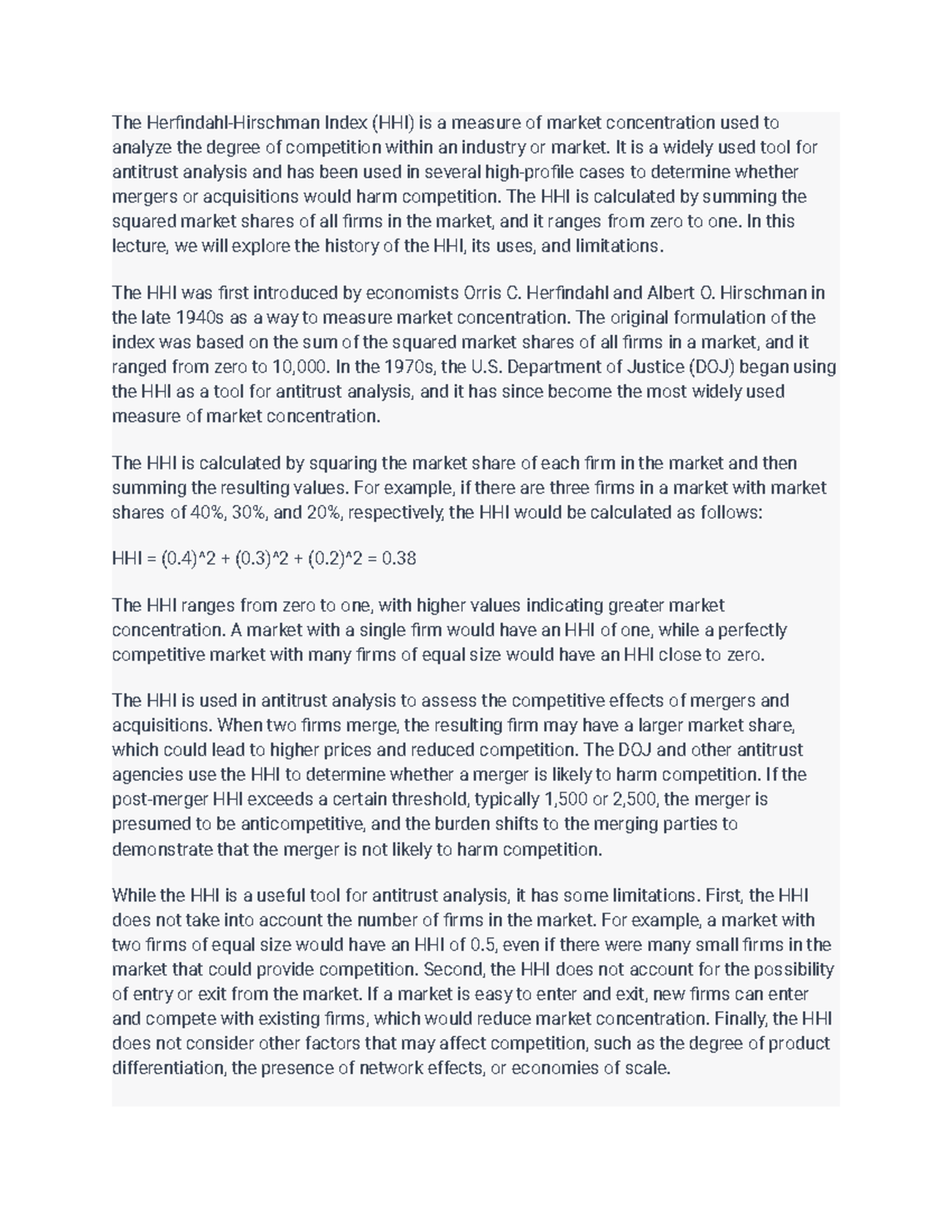 ECON1010 important lecture notes 25 - The Herfindahl-Hirschman Index ...