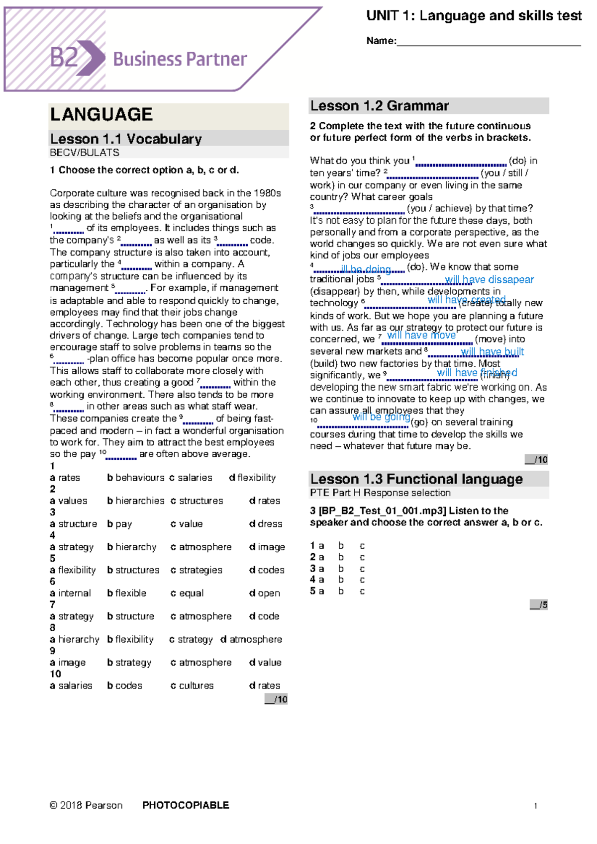 BP B2 Tests Unit1 - © 201 8 Pearson PHOTOCOPIABLE 1 UNIT 1: Language ...