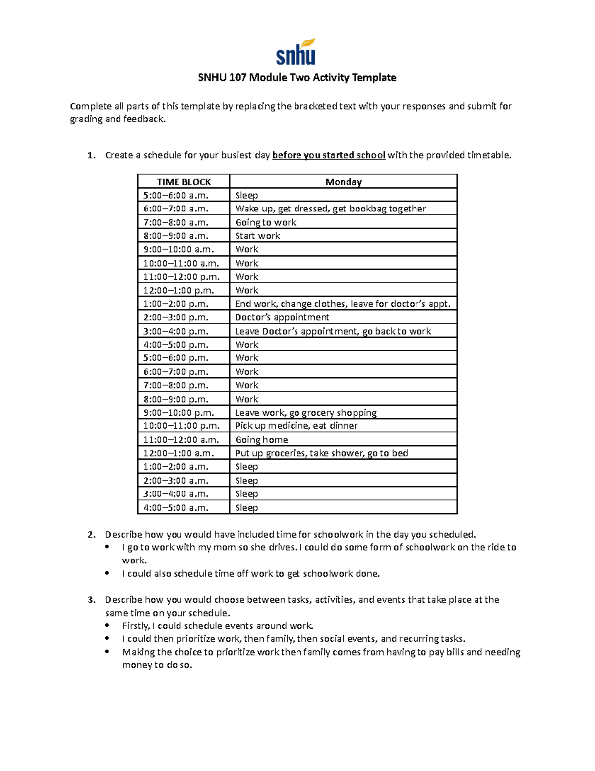 SNHU 107 Module Two Activity - Create a schedule for your busiest day ...