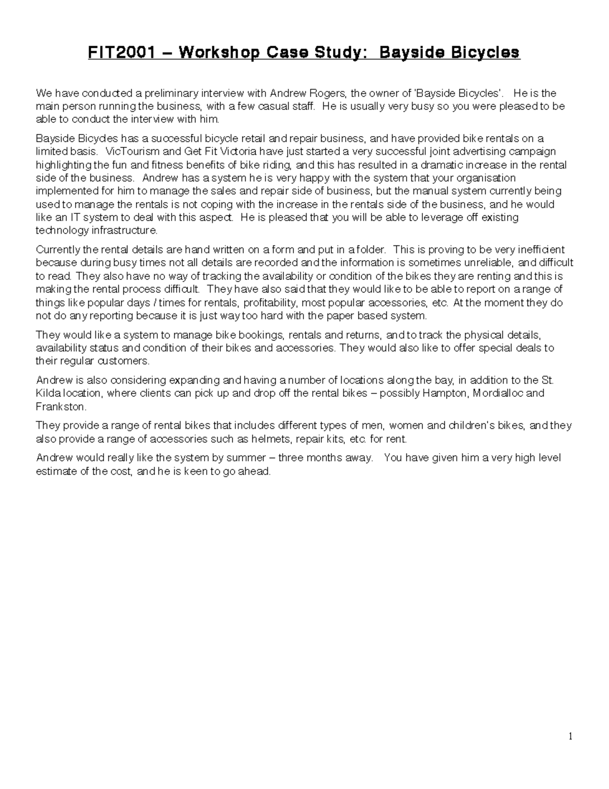 Workshop Case Study - Bayside Bicycles week 2 - FIT2001 – Workshop Case ...