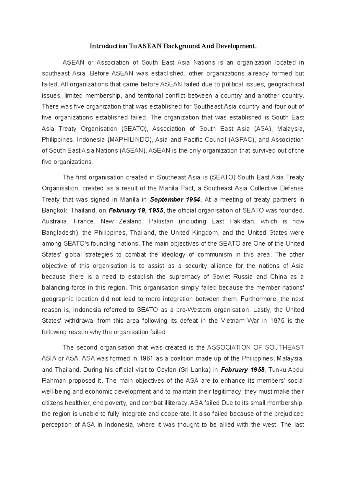 Introduction To Asean Background And Development - ASEAN or Association ...