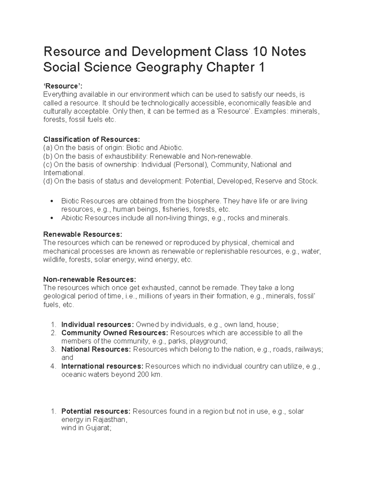 Resource and Development Class 10 Notes Social Science Geography ...