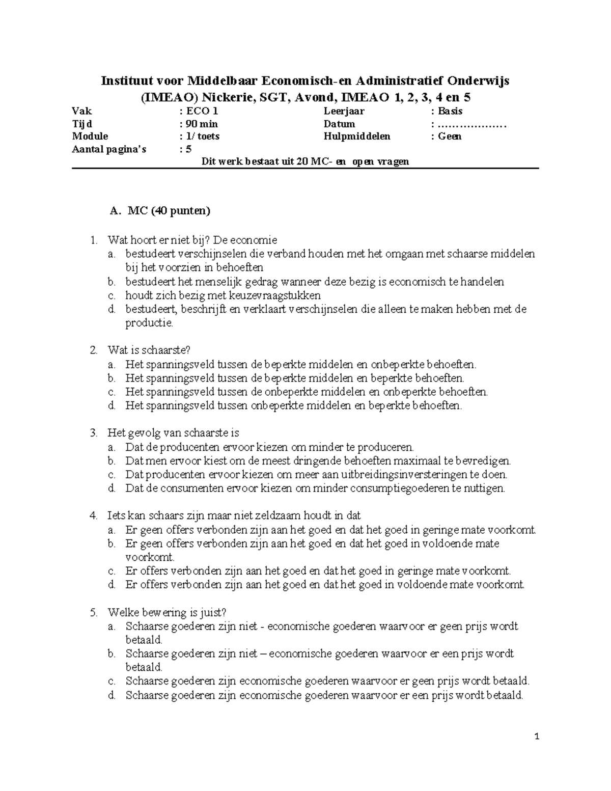 Eco1 module 1 toets 1 - Instituut voor Middelbaar Economisch-en ...