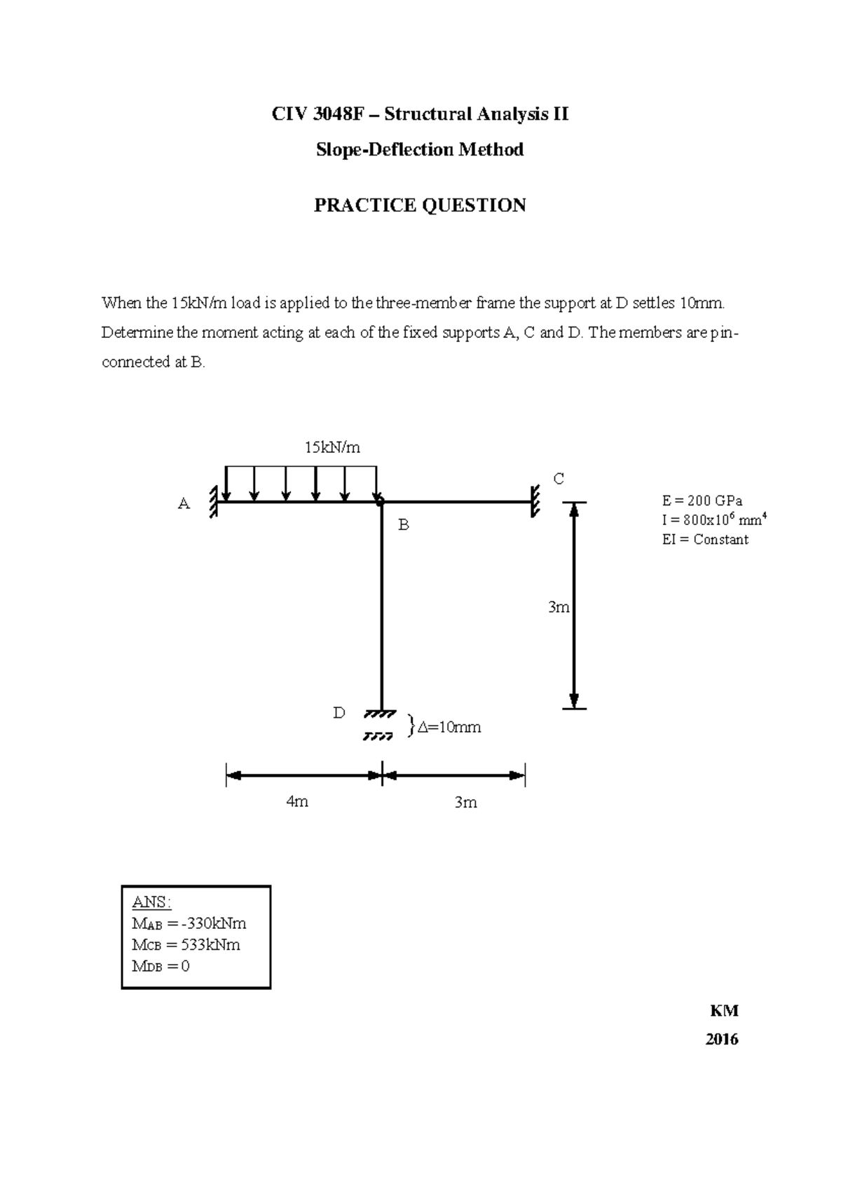 5 - Tutorial 5 - CIV3048F - CIV 3048F – Structural Analysis II Slope-Deflection Method PRACTICE ...