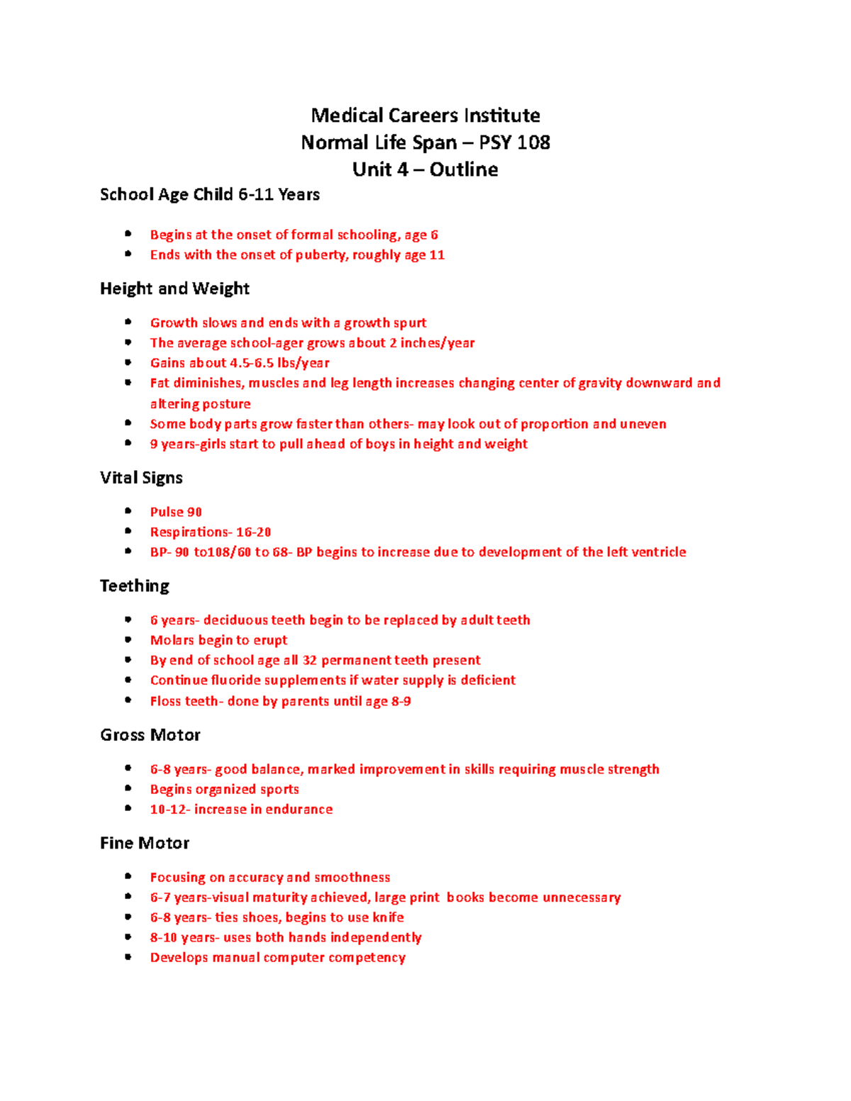 Unit 4 – Outline - Lecture notes 4 - Medical Careers Institute Normal ...