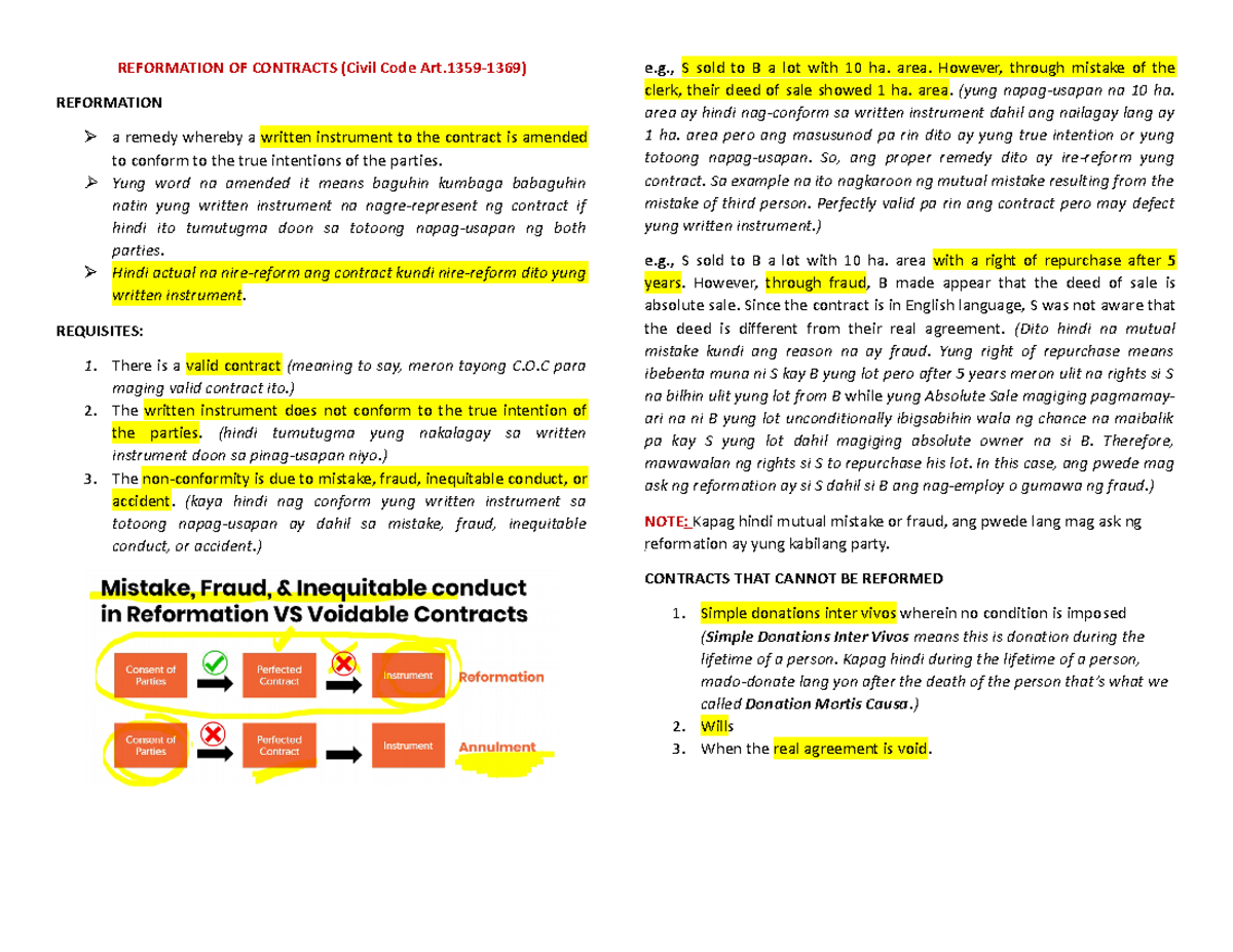 Reformation OF Contracts - REFORMATION OF CONTRACTS (Civil Code Art-1369) REFORMATION a remedy ...