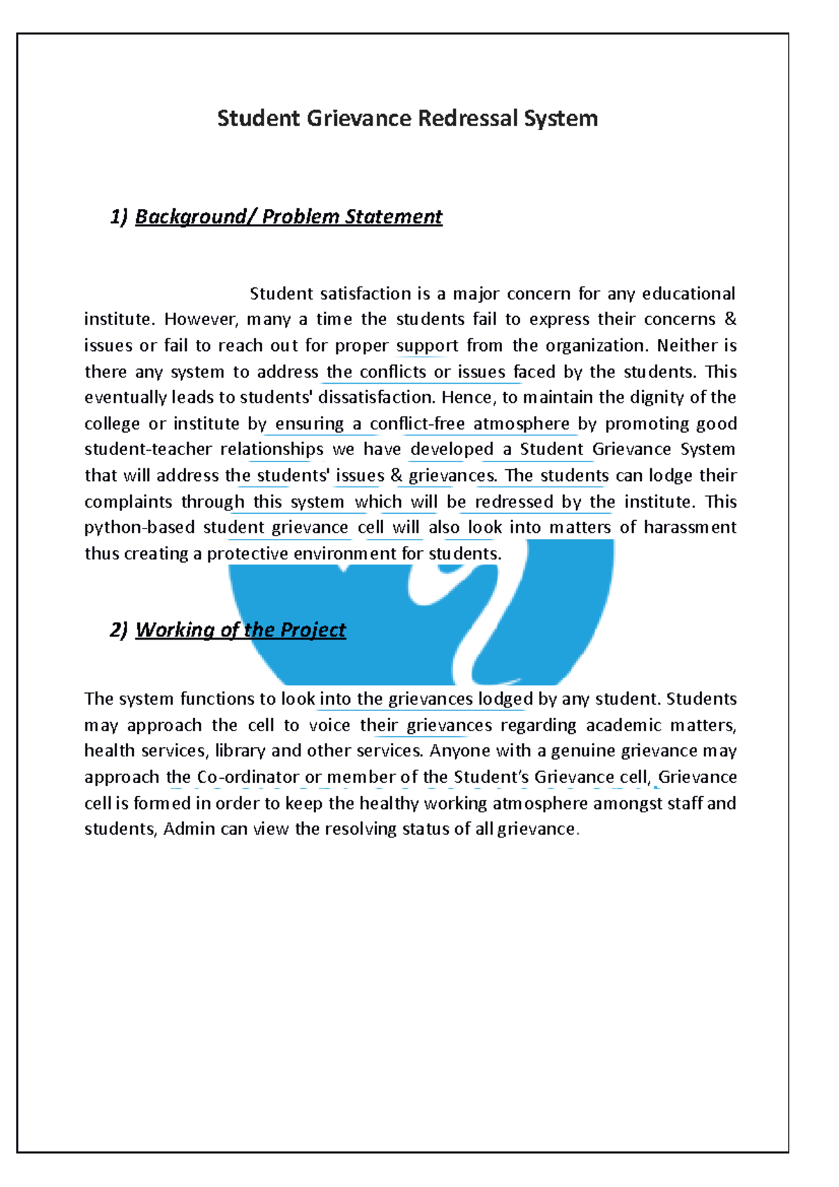 PY037 - Student Grievance Redressal System 1) Background/ Problem ...