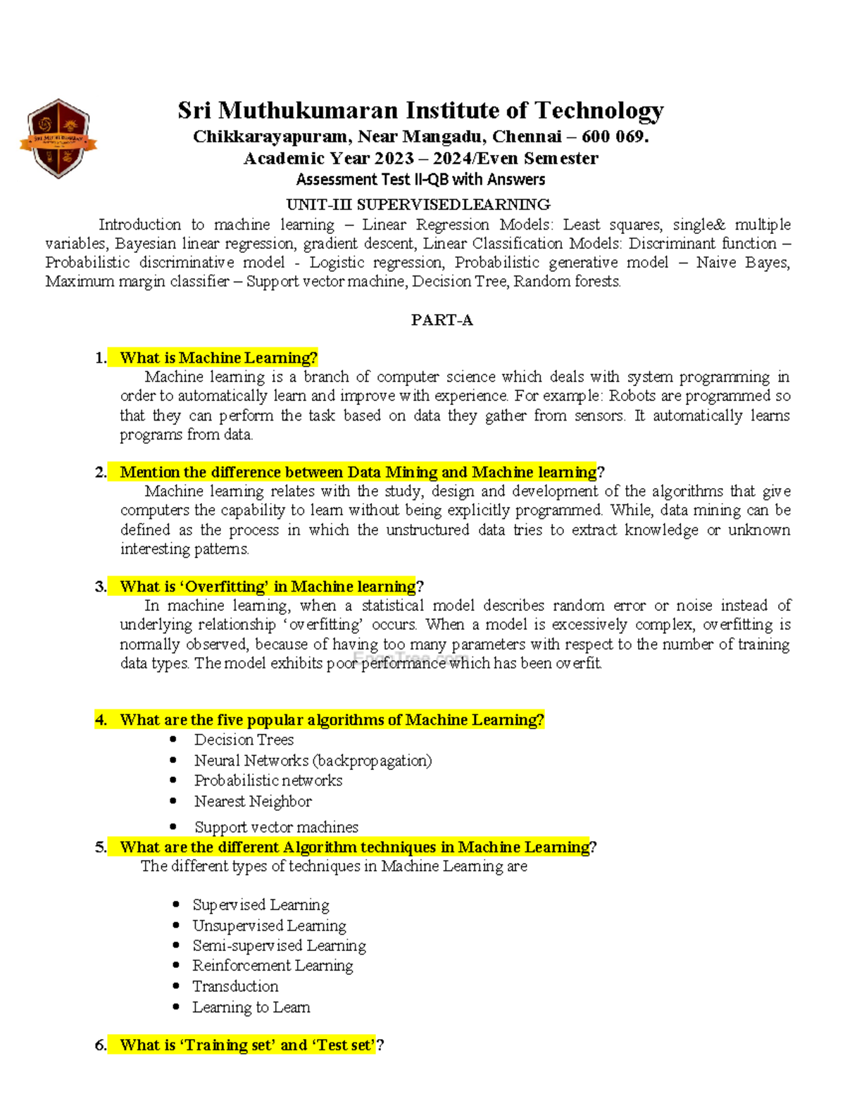 UNIT-3 PART A - Summary Artificial Intelligence and Machine Learning ...