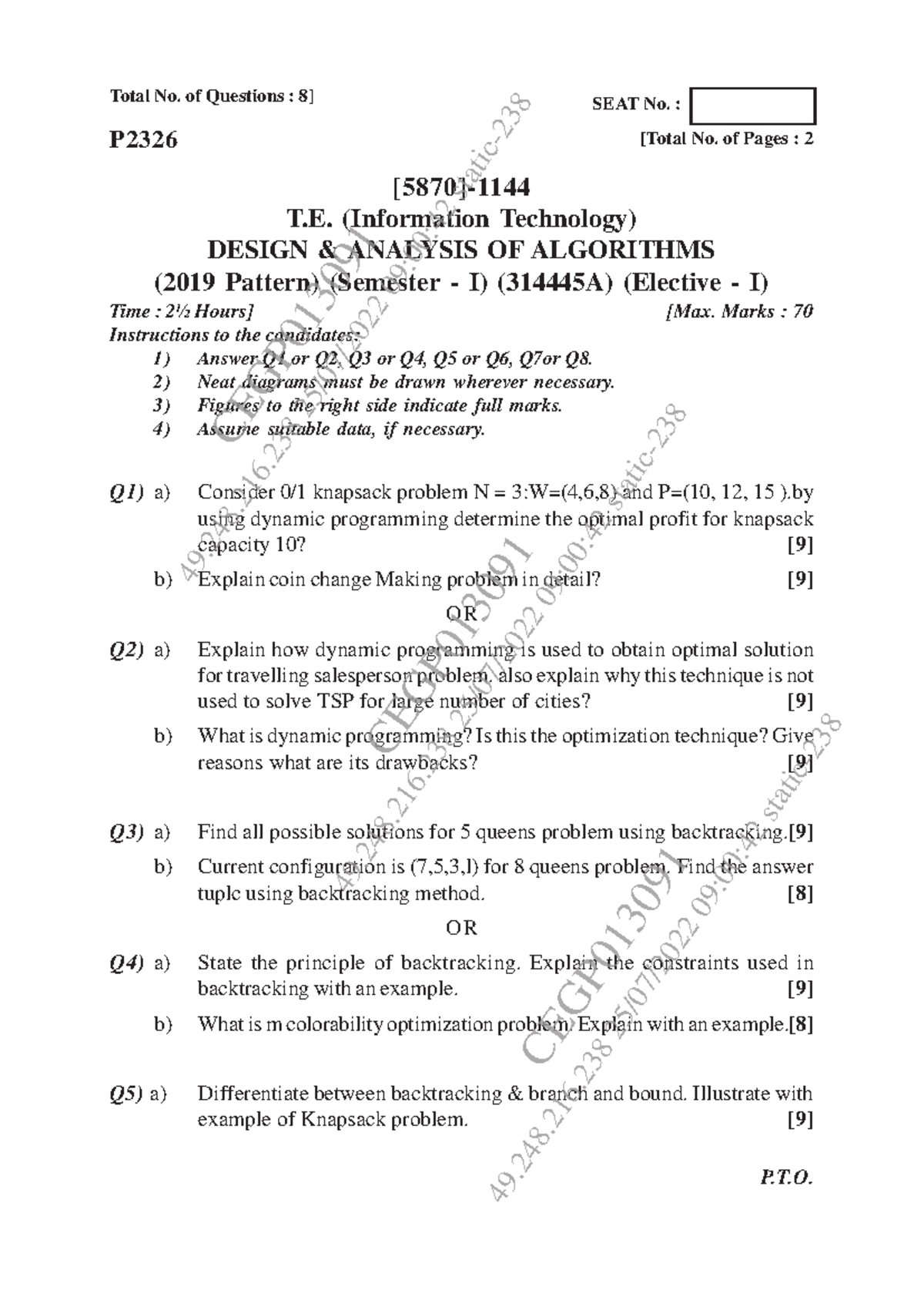 DAA PYQ's May Jun 2022 - Q1) a) Consider 0/1 knapsack problem N = 3:W=(4,6,8) and P=(10, 12, 15 ...