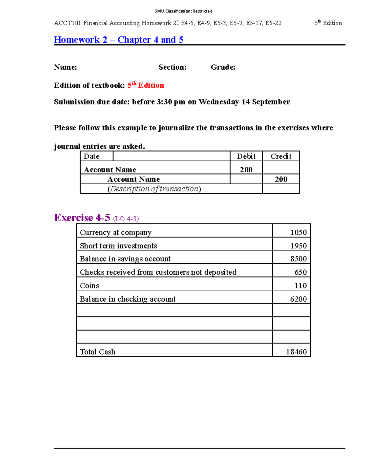 Homework 2 - G4 - 5th Ed - ACCT101 Financial Accounting Homework 2: E4 ...