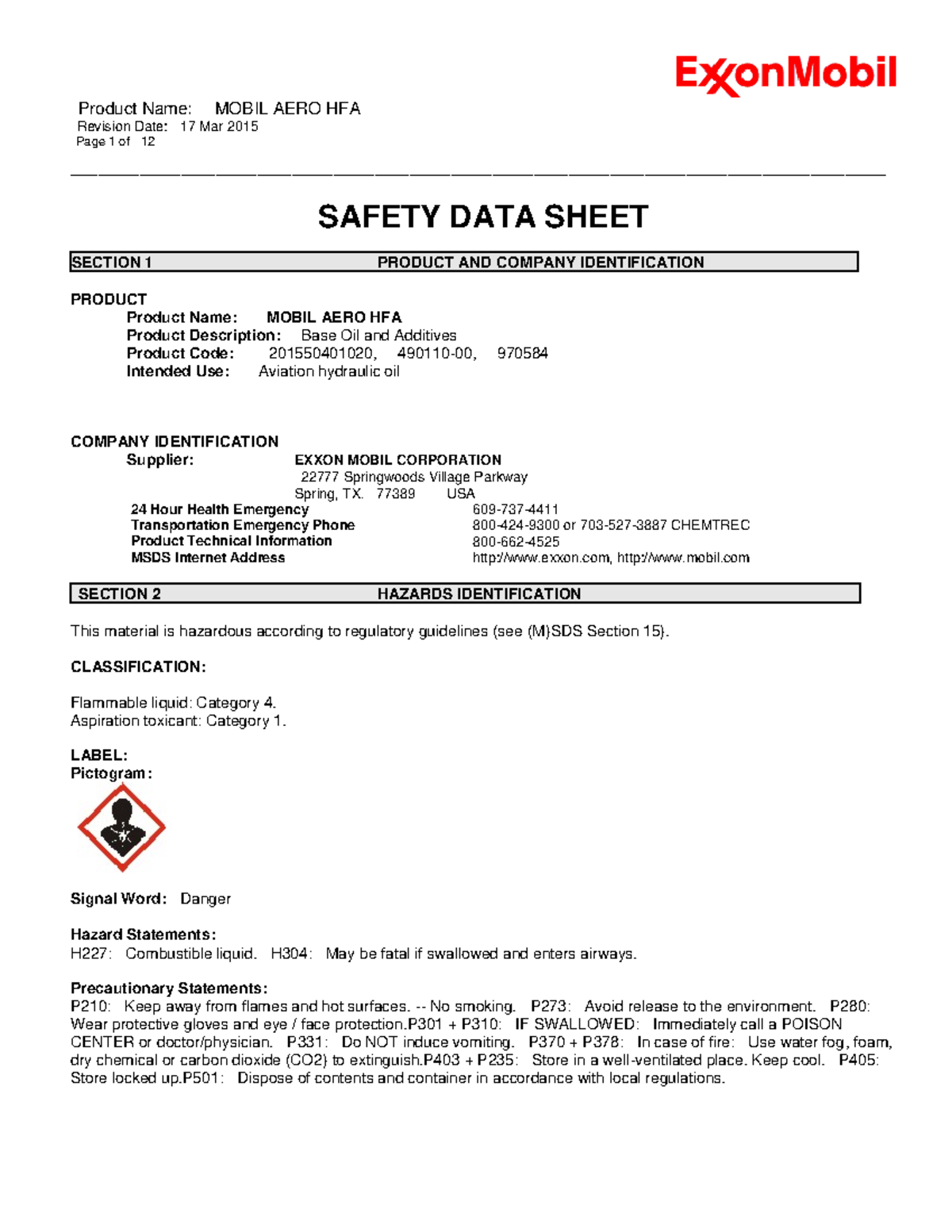 Mobil AERO HFA SDS - ddsf - Revision Date: 17 Mar 2015 Page 1 of 12 ...