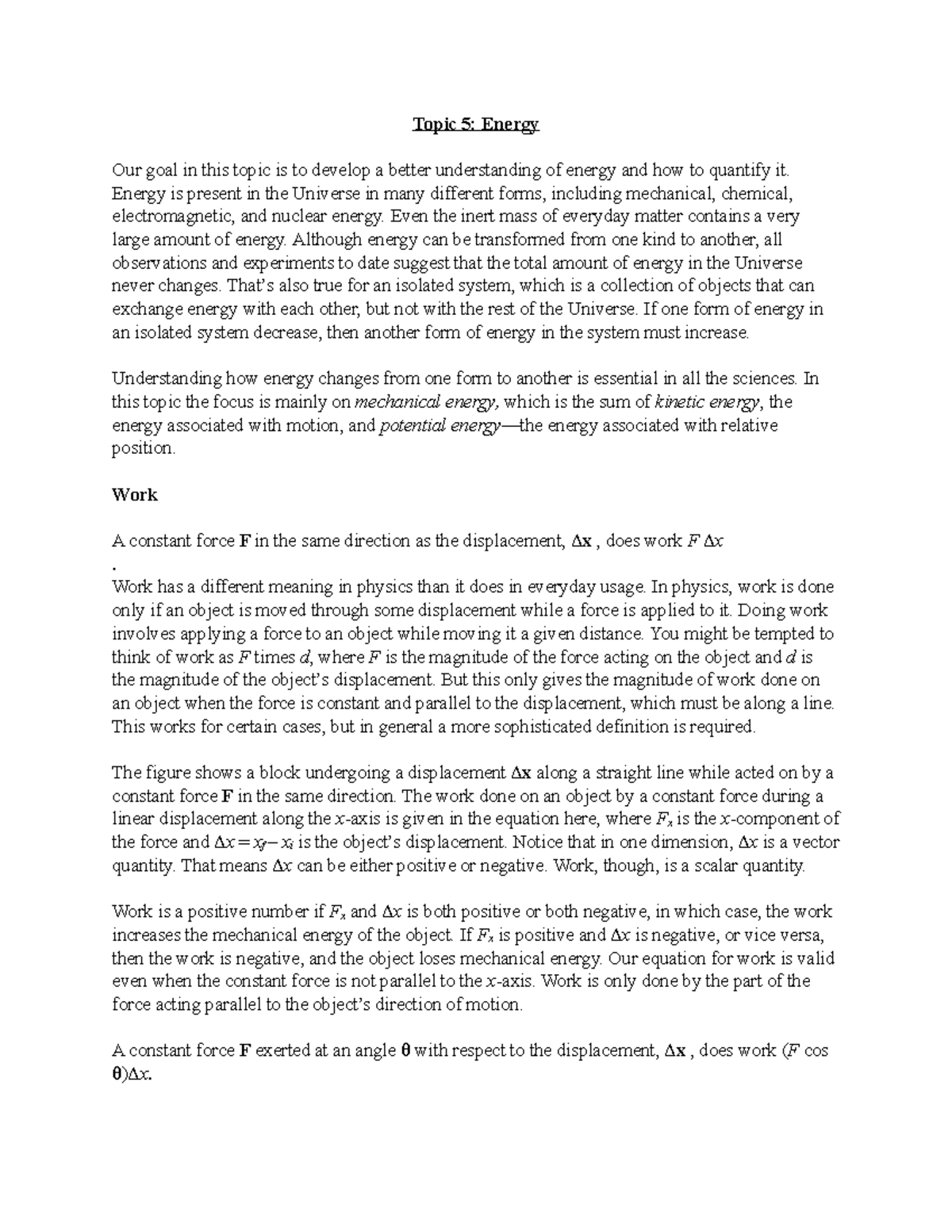 Introduction to Physics, Topic 5 [ Descriptions ] - Topic 5: Energy Our ...