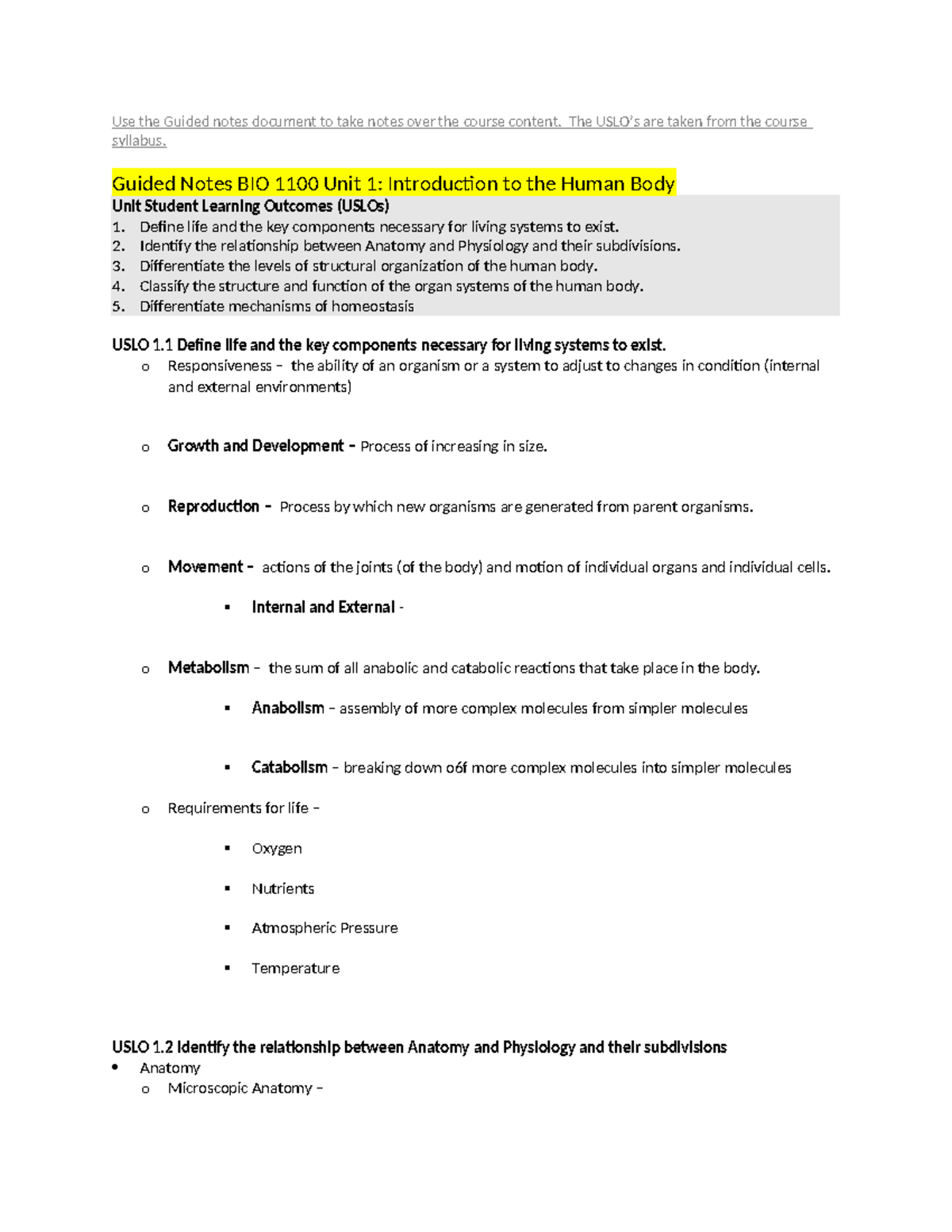 Unit 1 Intro to the Human Body - Use the Guided notes document to take ...