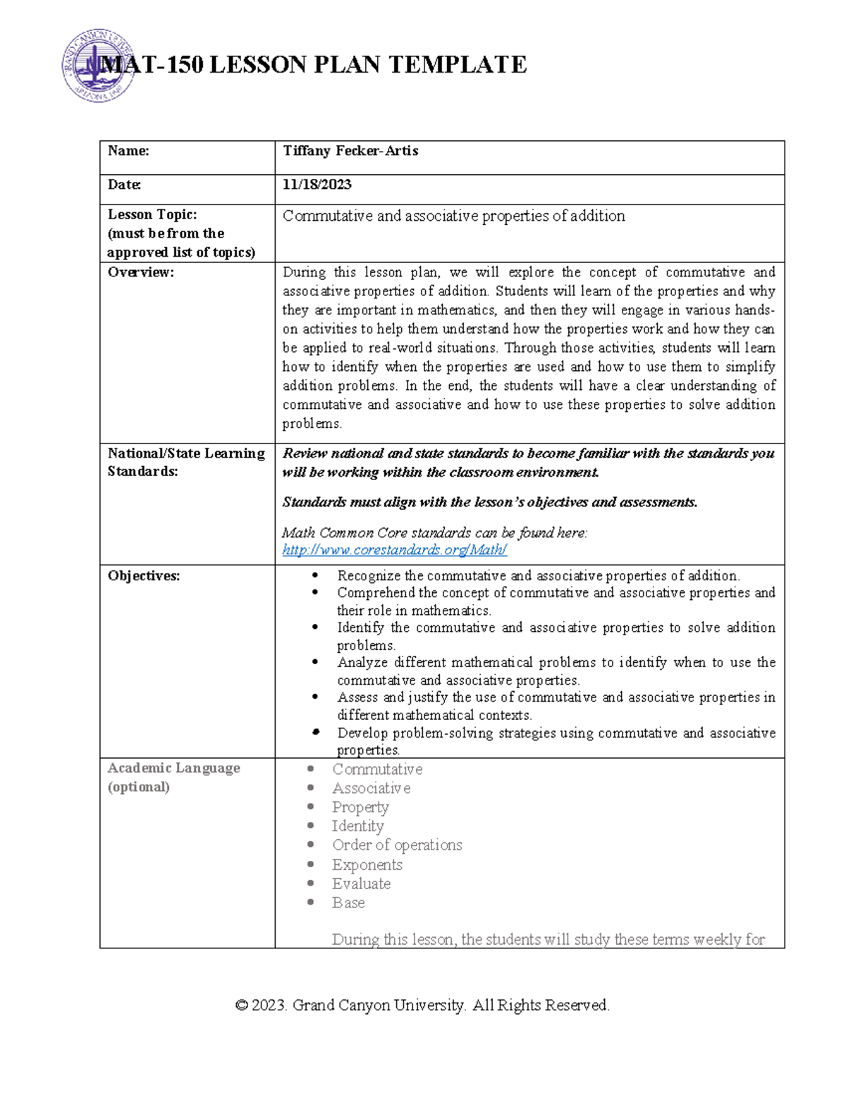 MAT-150 Lesson Plan Template - MAT-150 LESSON PLAN TEMPLATE Name: Tiffany Fecker-Artis Date: 11 ...