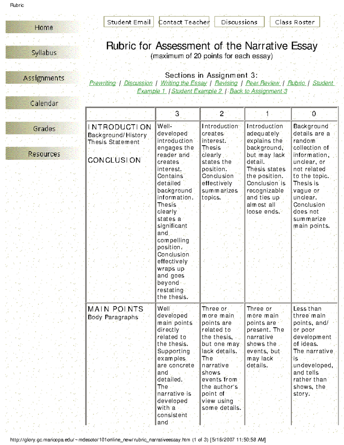 Humanities narrativeessay - Rubric Rubric for Assessment of the ...