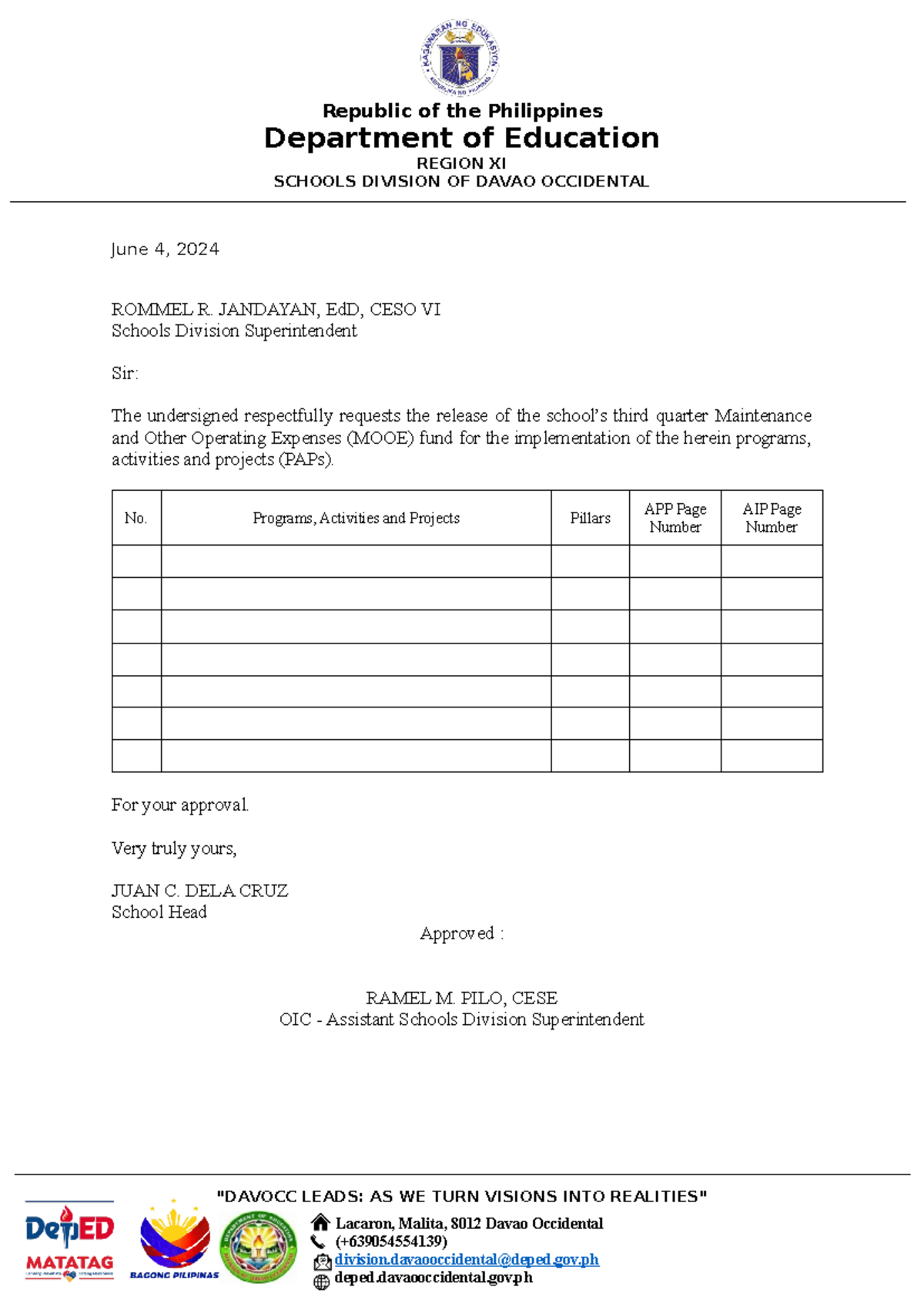 Letter Request for MOOE - Republic of the Philippines Department of ...