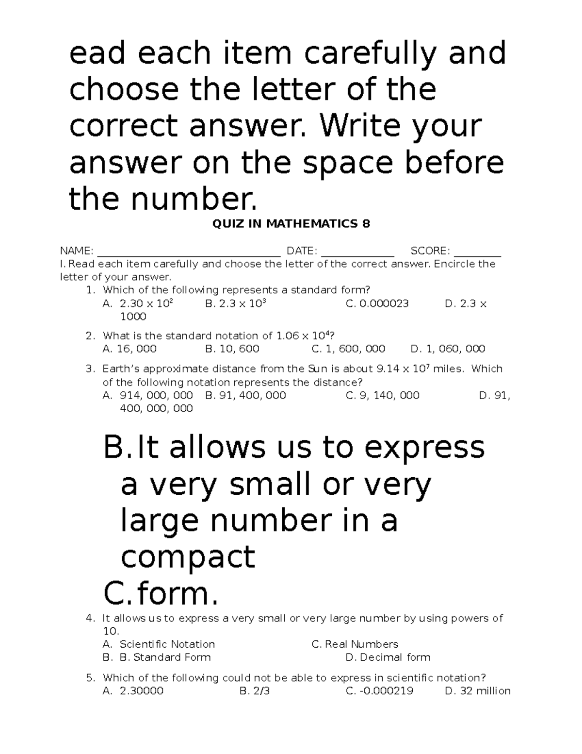QUIZ IN Scientific Notation - ead each item carefully and choose the ...
