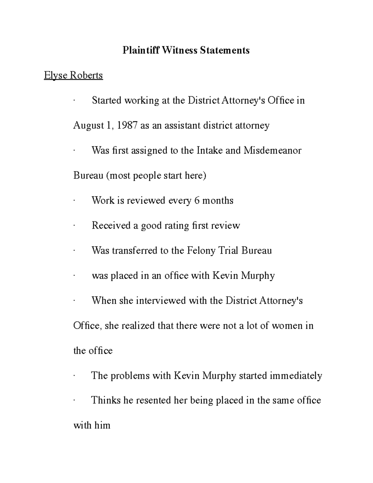 Statements - witnesses for mock trial - Plaintiff Witness Statements ...