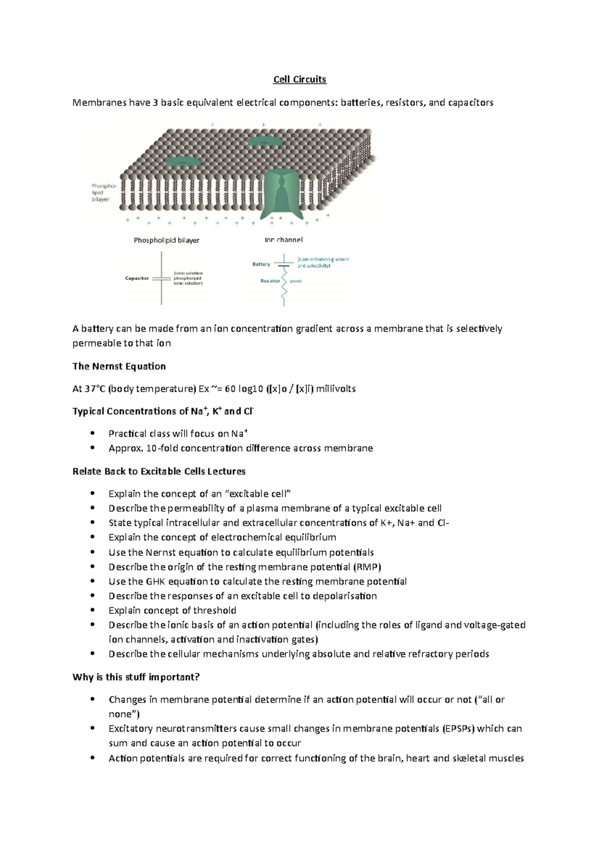 Cell Circuits - Lecture notes 1 - Cell Circuits Membranes have 3 basic ...
