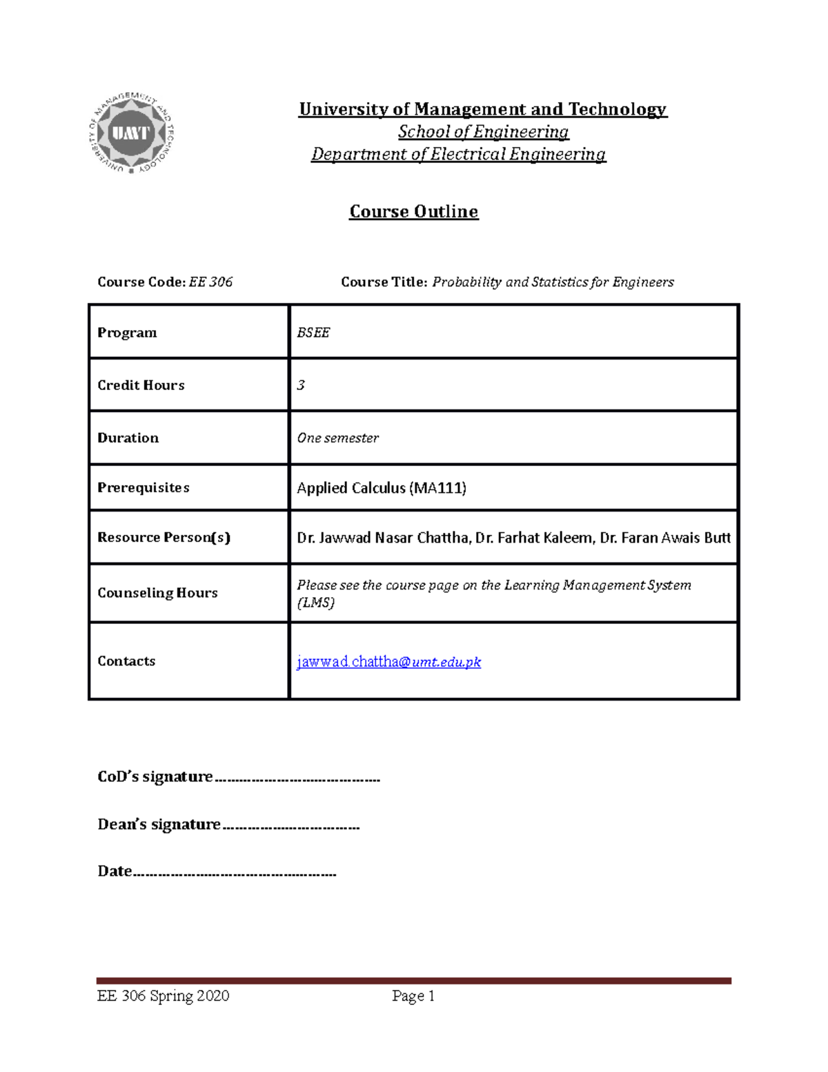 EE306 Course Outline OBE v1 - University of Management and Technology ...