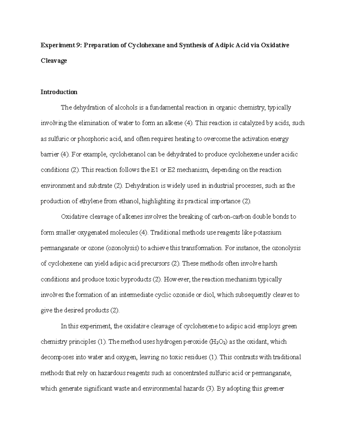 Experiment 9 Post Lab - Experiment 9: Preparation of Cyclohexane and Synthesis of Adipic Acid ...