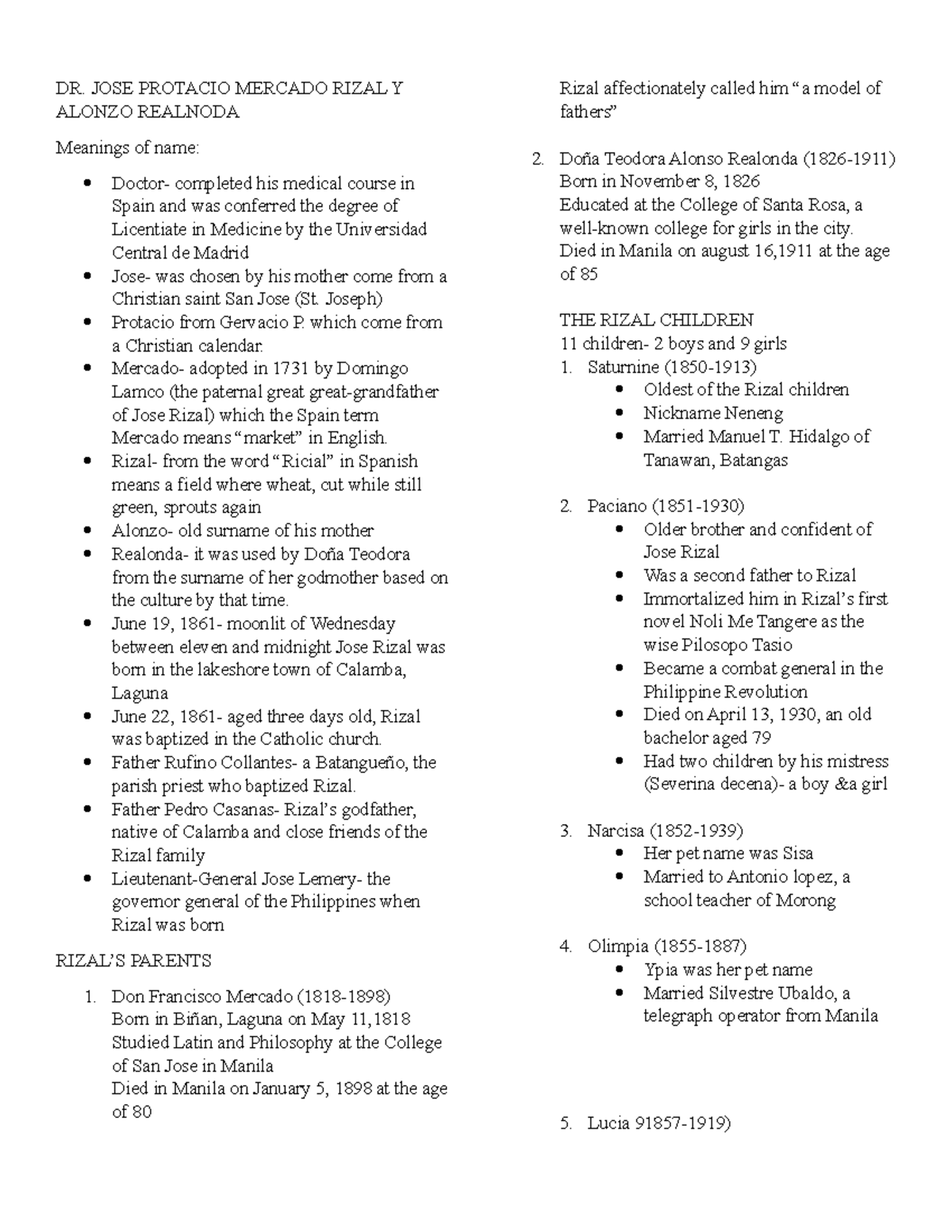 Notes WEEK 3 - RIZAL'S LIFE AND WORKS - DR. JOSE PROTACIO MERCADO RIZAL ...