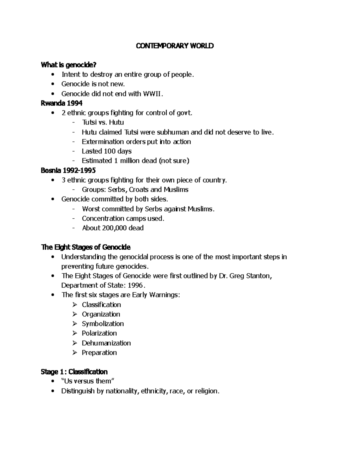 Contemporary World - Genocide-Eight Stages of Genocide notes ...