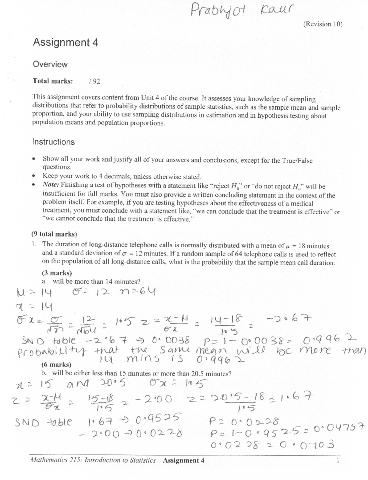 Math assignment #4 - Introduction to Statistics - Prabhjot caur (Revision 10) Assignment 4 ...