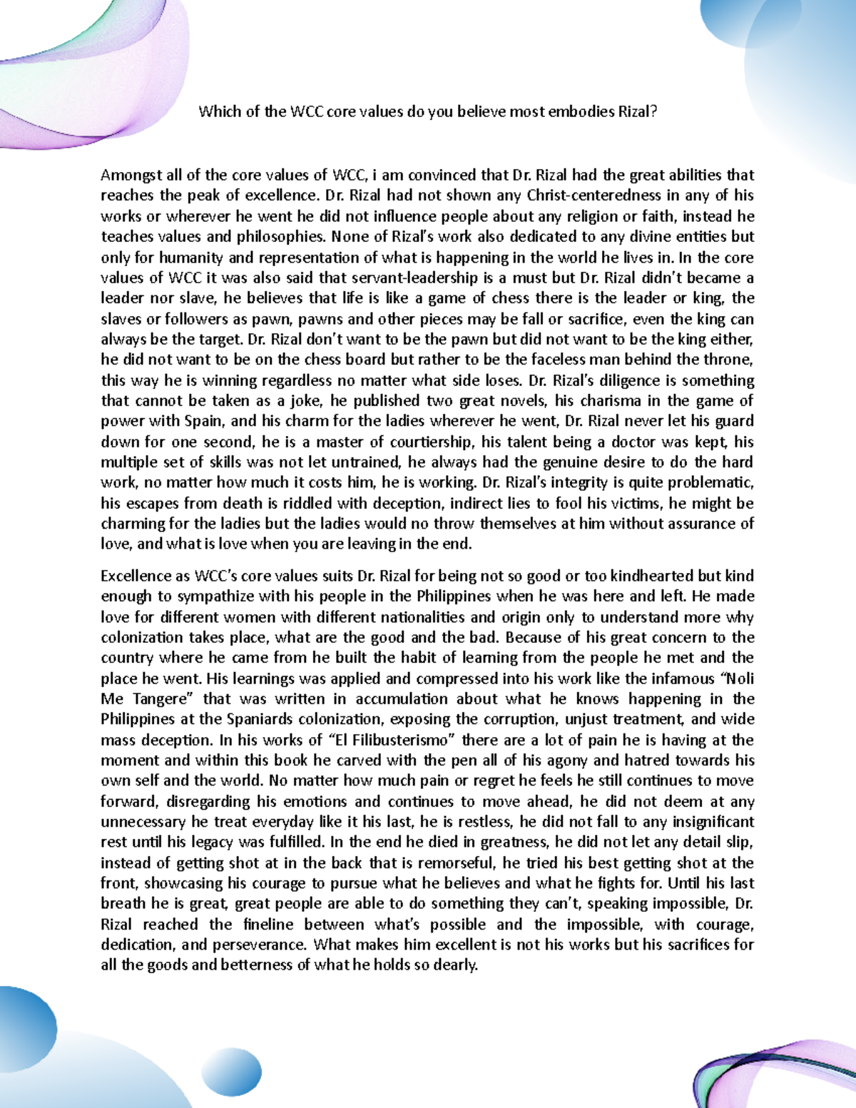 Which of the WCC core values do you believe most embodies Rizal - Rizal ...