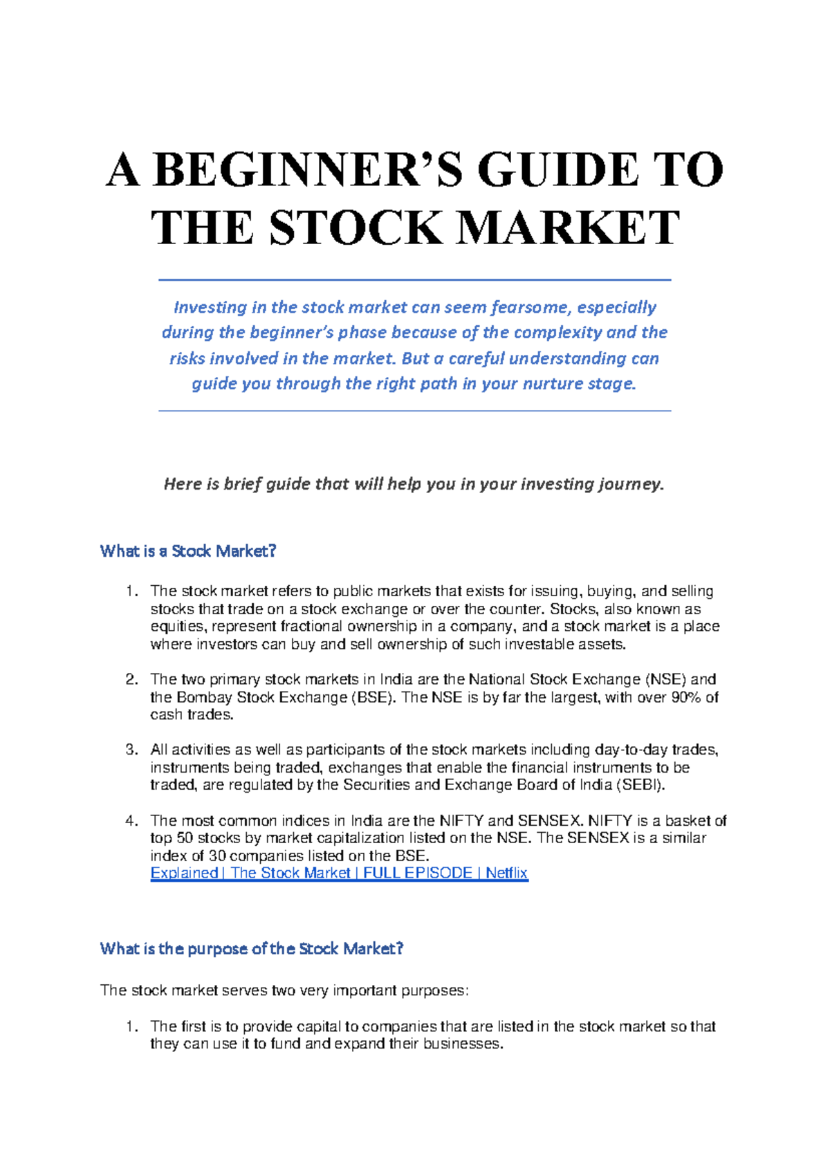 Stocks - notes to help - A BEGINNER’S GUIDE TO THE STOCK MARKET ...