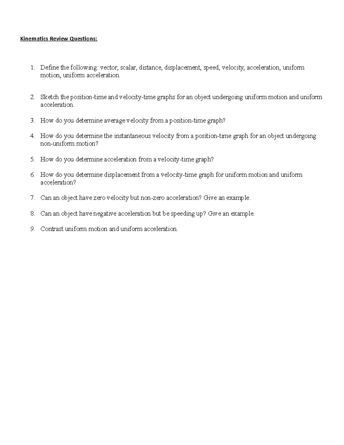 15.0 kinematics review feb 2012 - Kinematics Review Questions: 1 ...