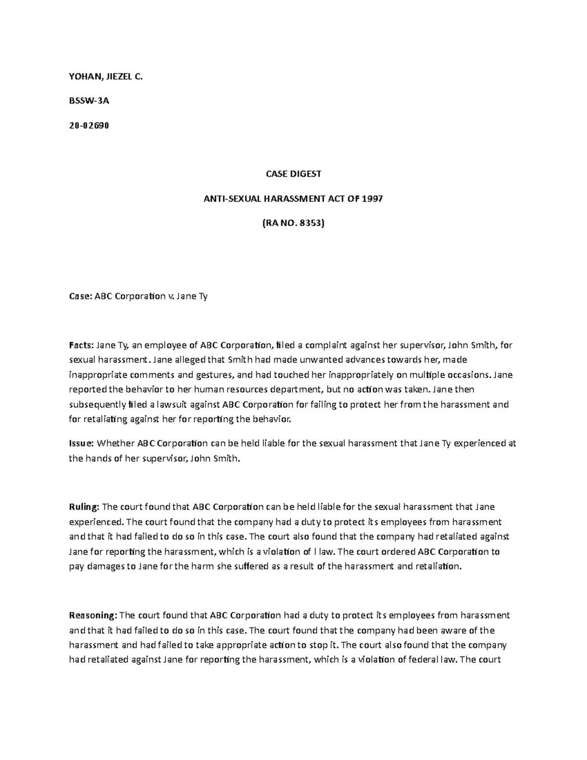 CASE Digest ANTI- Harassment - YOHAN, JIEZEL C. BSSW-3A 20- CASE DIGEST ...