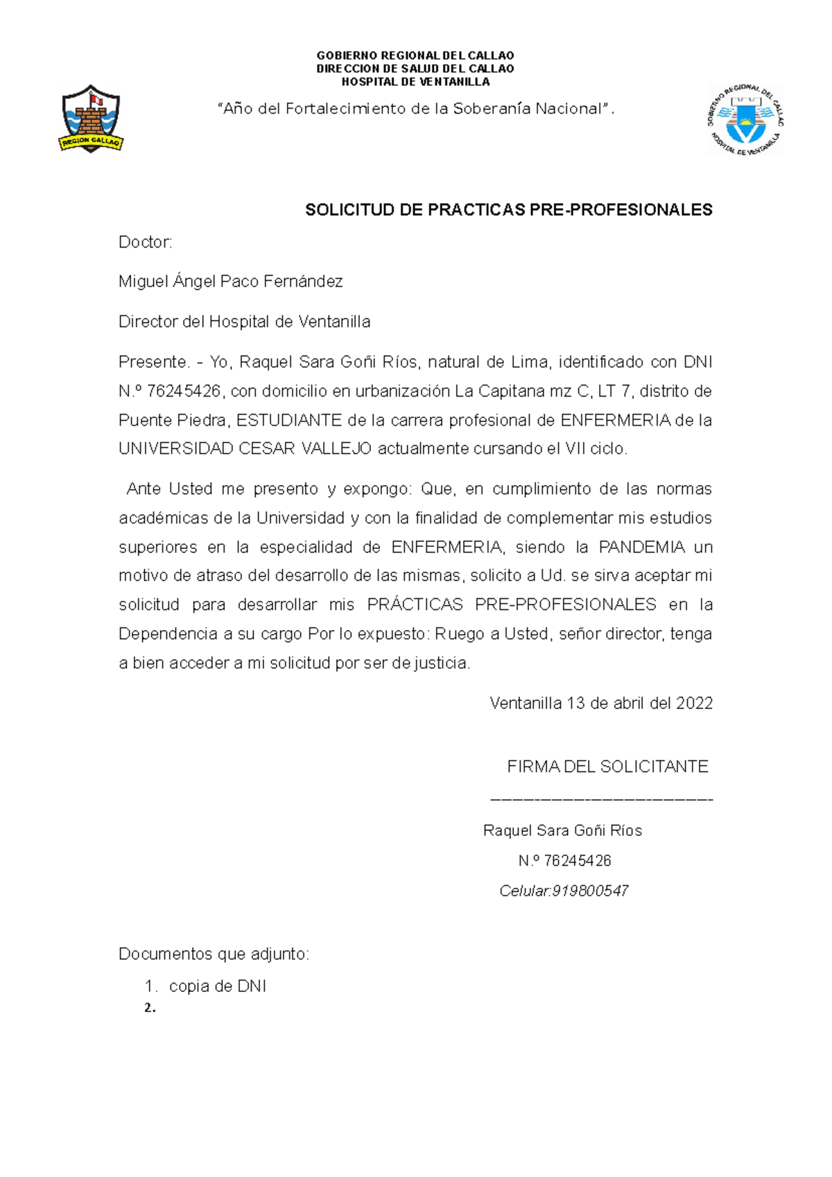 Solicitud DE Practicas PRE - GOBIERNO REGIONAL DEL CALLAODIRECCION DE ...