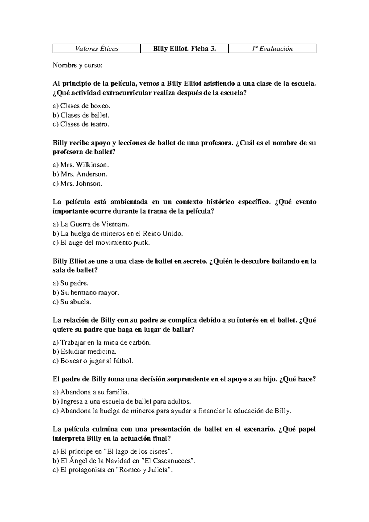 Ficha 3 Filosofía Valores Éticos Billy Elliot Ficha 3 1ª