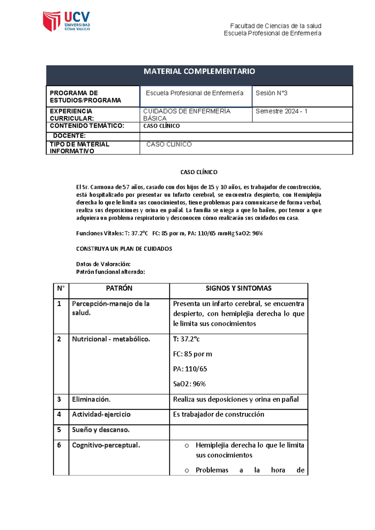 CASO Clínico - vegas - Escuela Profesional de Enfermería MATERIAL COMPLEMENTARIO PROGRAMA DE ...