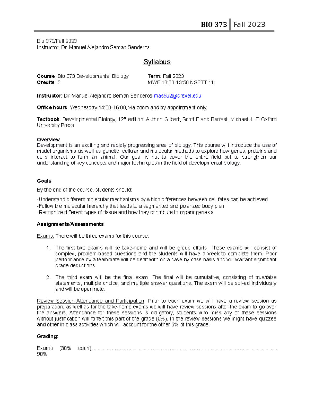 Bio373 Dev Bio Fall 23 - dev bio - BIO 373 Fall 2023 Bio 373/Fall 2023 ...