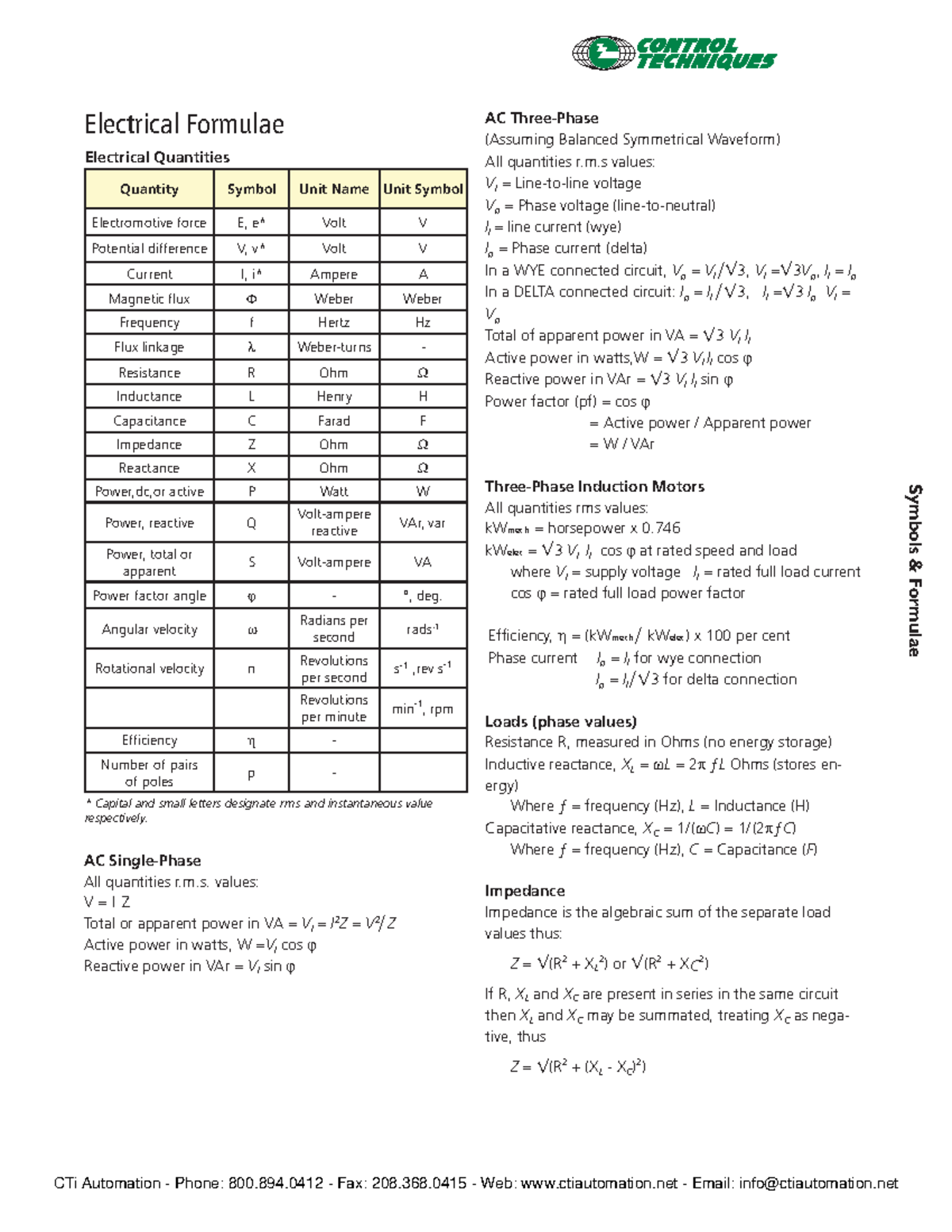 Electrical-Formulas - Formulas - 399 emersonct 800-893- Symbols ...